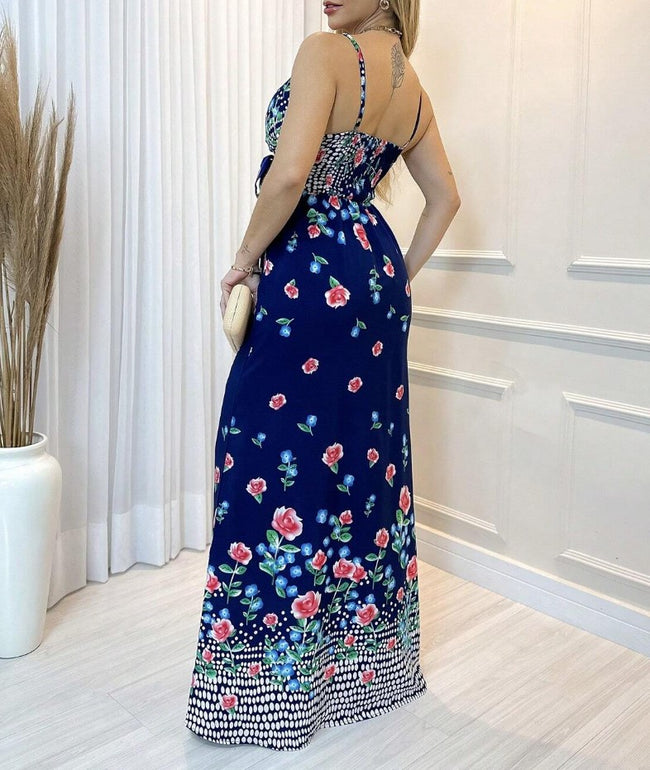 Vestido Longo Floral Decote V Laço