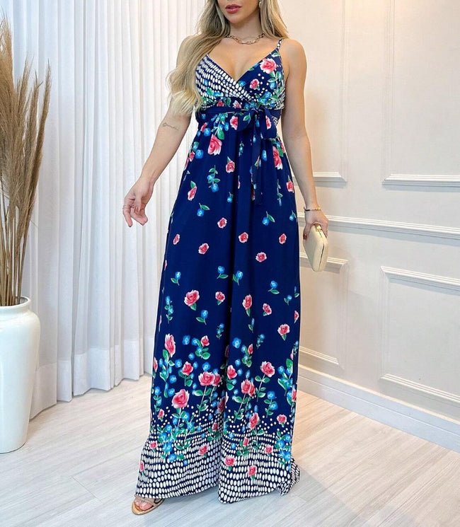 Vestido Longo Floral Decote V Laço